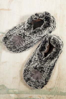 Knitted Rabbit Fur Slippers with Raccoon Fur Pom | Overland