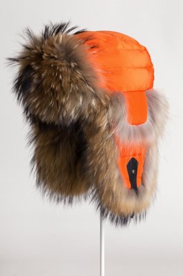 Orange Down-Filled Trapper Hat with Raccoon Fur Trim | Overland