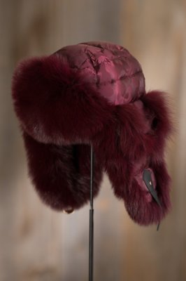Burgundy Camo Down-Filled Trapper Hat with Blue Fox Fur Trim | Overland